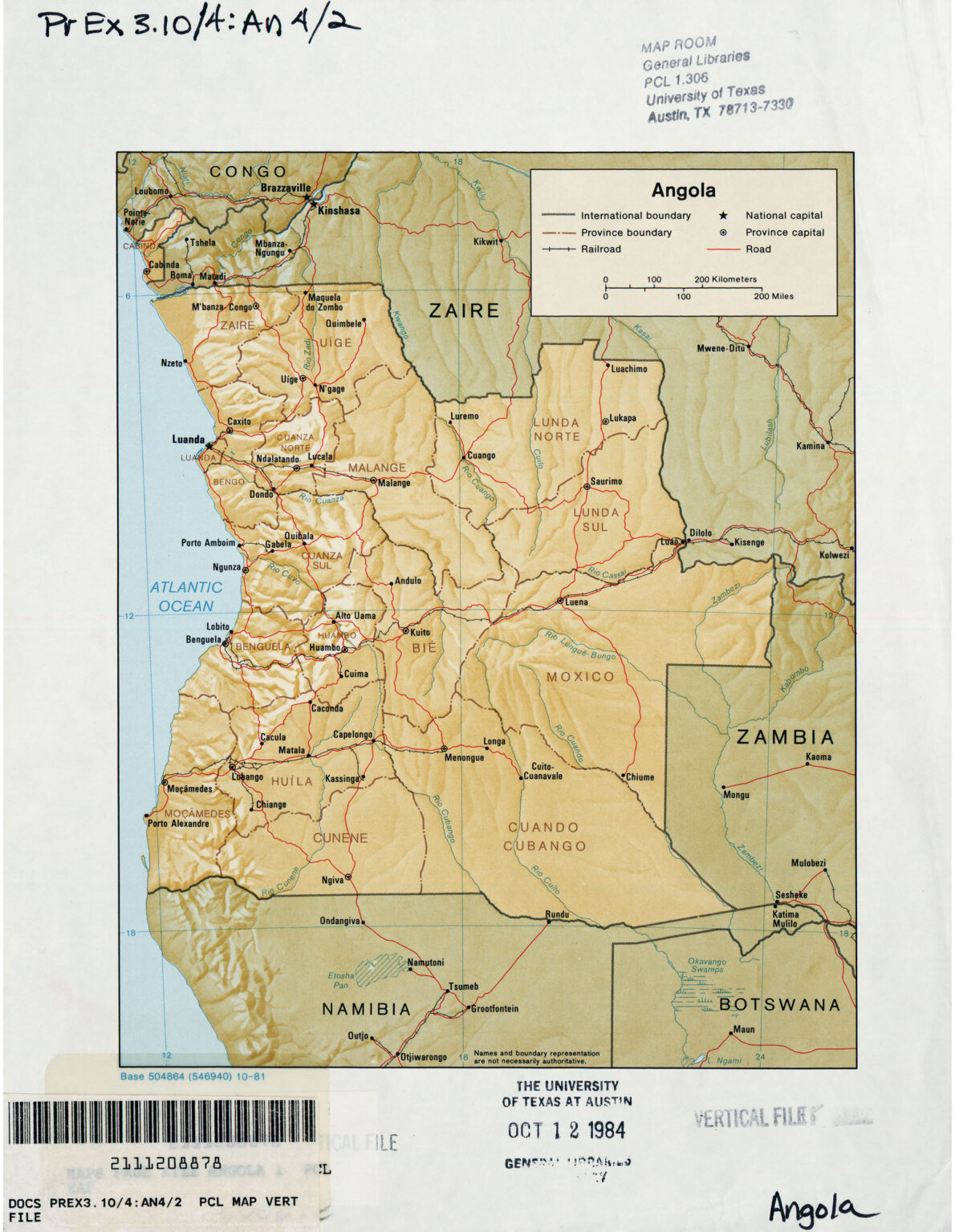 Physical and political map of Angola (1981) - Milhaud Maps