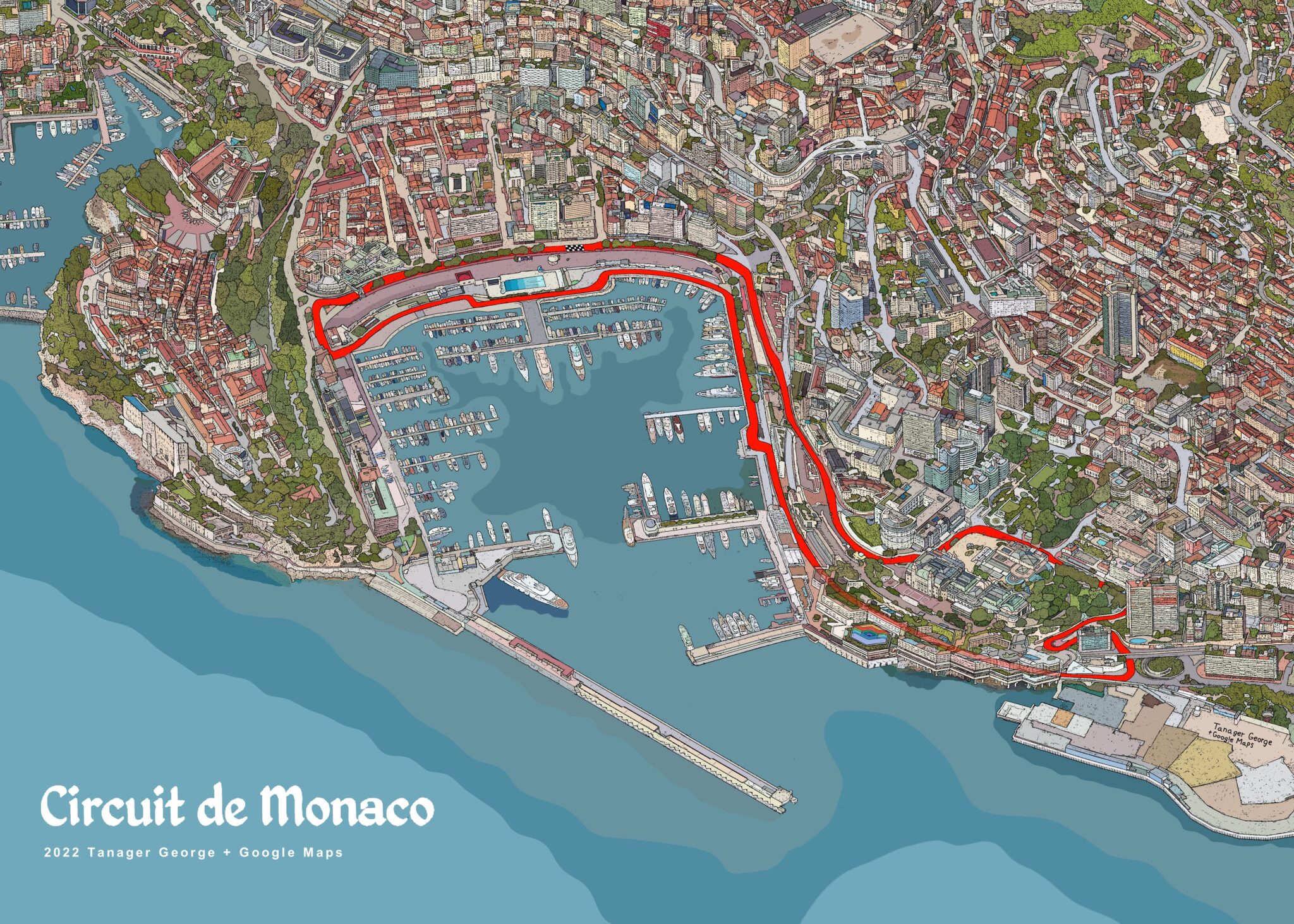 Illustrated map of the Monaco circuit (2022) - Milhaud Maps